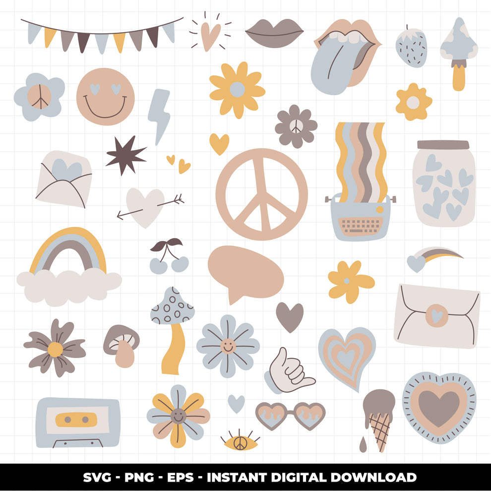 COD1432 - Retro Clipart, Boho Hippie Clipart Clipart, Groovy cliparts ...