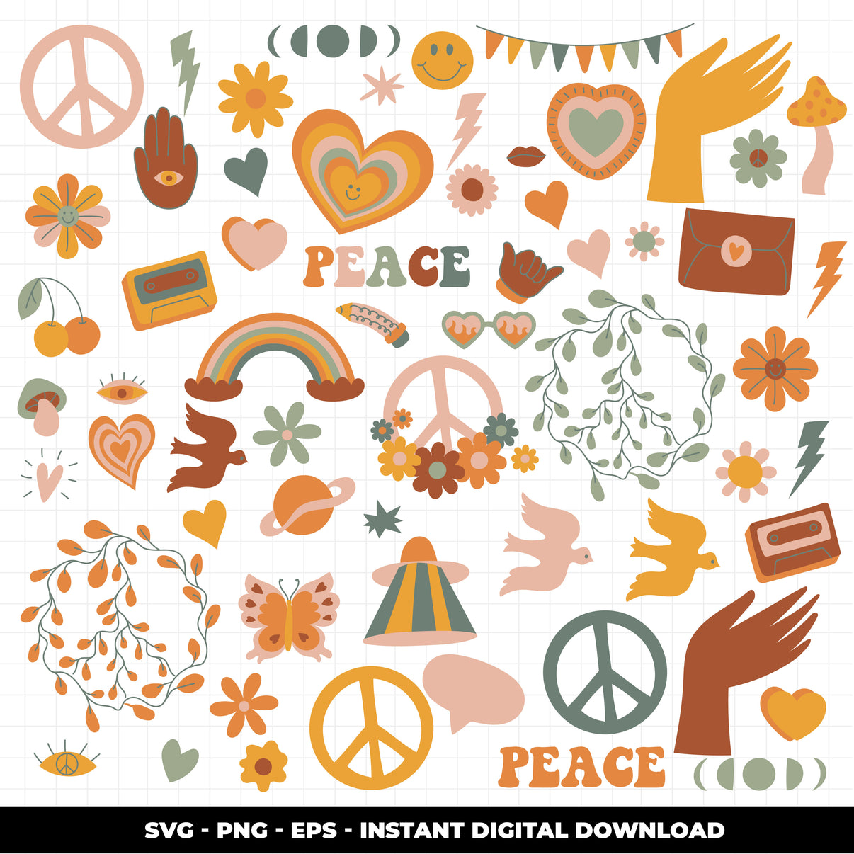COD1436 - Retro Clipart, Boho Hippie Clipart Clipart, Groovy cliparts ...