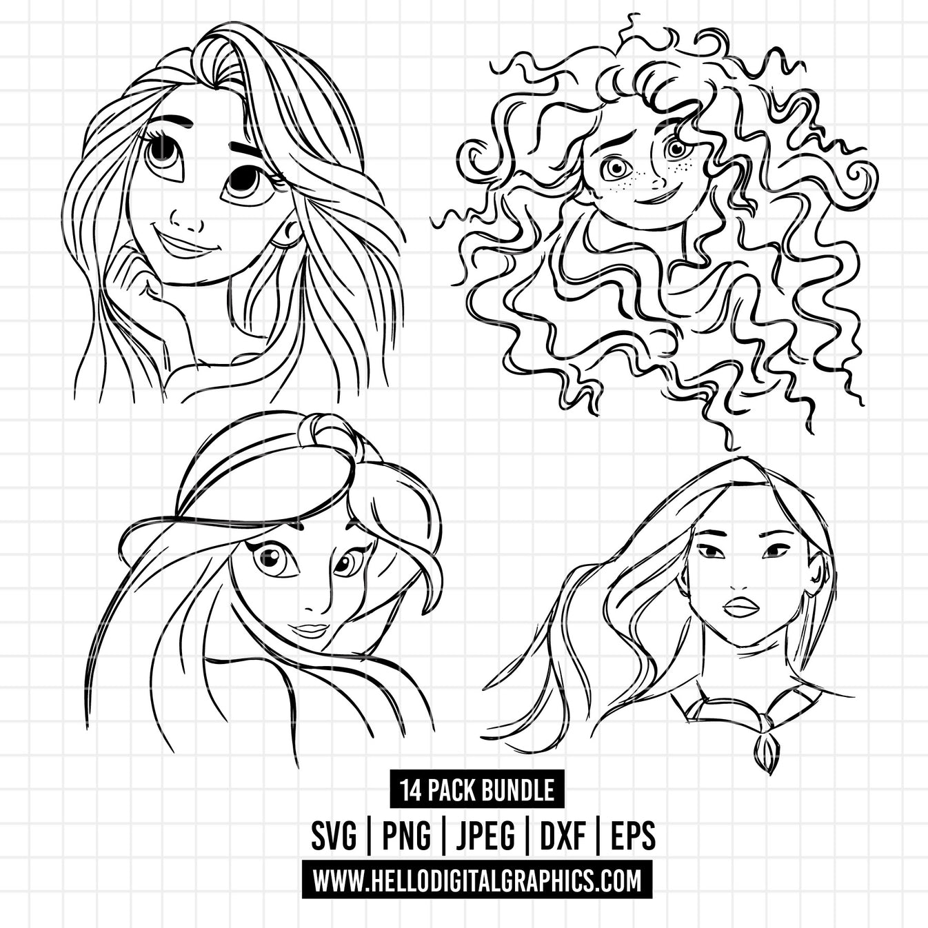 COD1674 Disney Princess outline svg bundle, 14 princess SVG, Princess ...