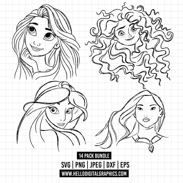 COD1674 Disney Princess outline svg bundle, 14 princess SVG, Princess ...