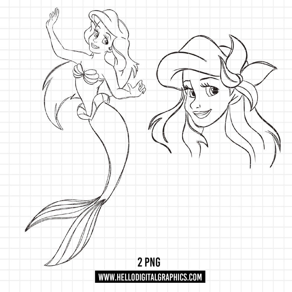 COD1684- Little Mermaid png, Ariel png, Outline png, Princess sketch p ...
