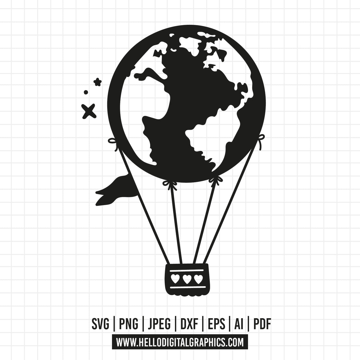 COD701- Hot Air Balloon SVG, World Map svg, World Map Silhouette Svg ...