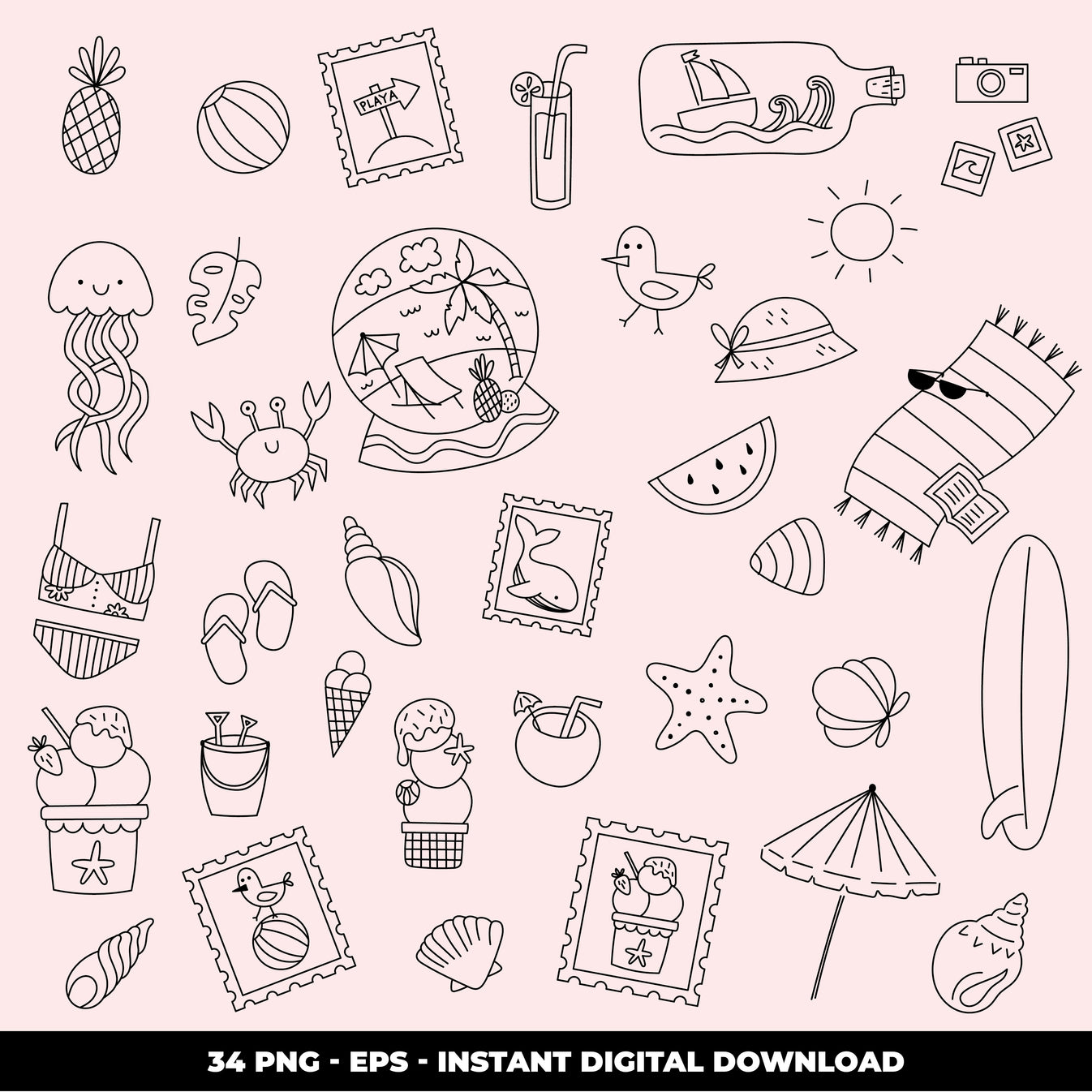 COD781 - Summer doodles bundle, sea clipart, beach png, Summer vibes c ...
