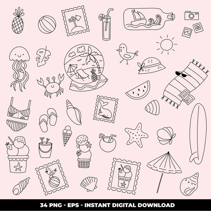 COD781 - Summer doodles bundle, sea clipart, beach png, Summer vibes c ...