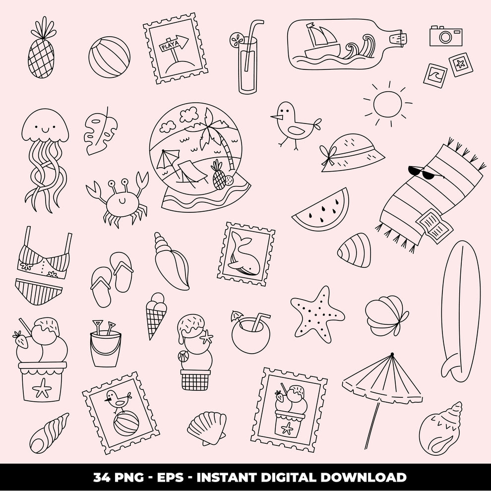 COD781 - Summer doodles bundle, sea clipart, beach png, Summer vibes c ...